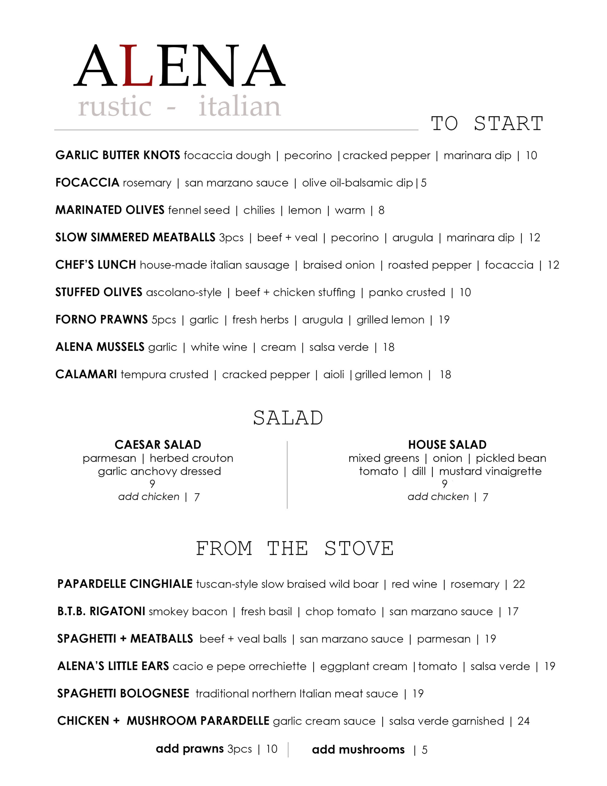 Menu – Alena Rustic Italian