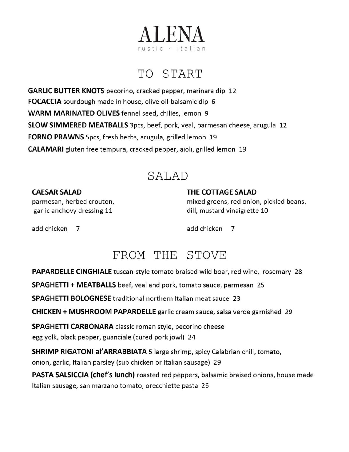 Menu – Alena Rustic Italian